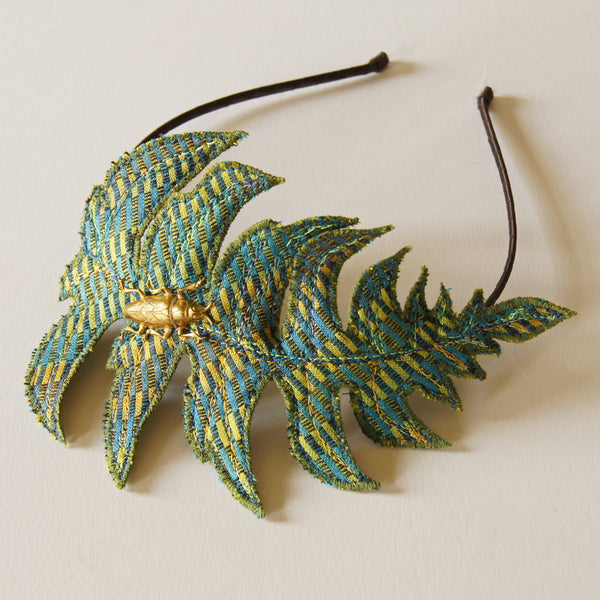 Fiber Art Fern Headband in Silk Botanical Accessory - Blue Terracotta