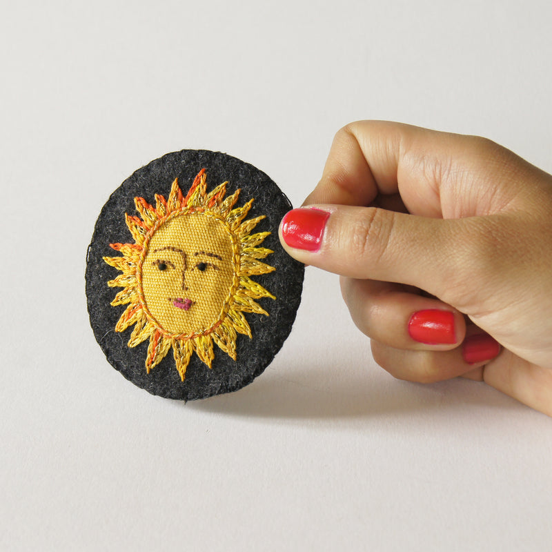 Large Textile Hand Embroidered Sun Brooch Pin Celestial Jewelry - Blue ...