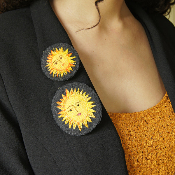 Large Textile Hand Embroidered Sun Brooch Pin Celestial Jewelry - Blue ...
